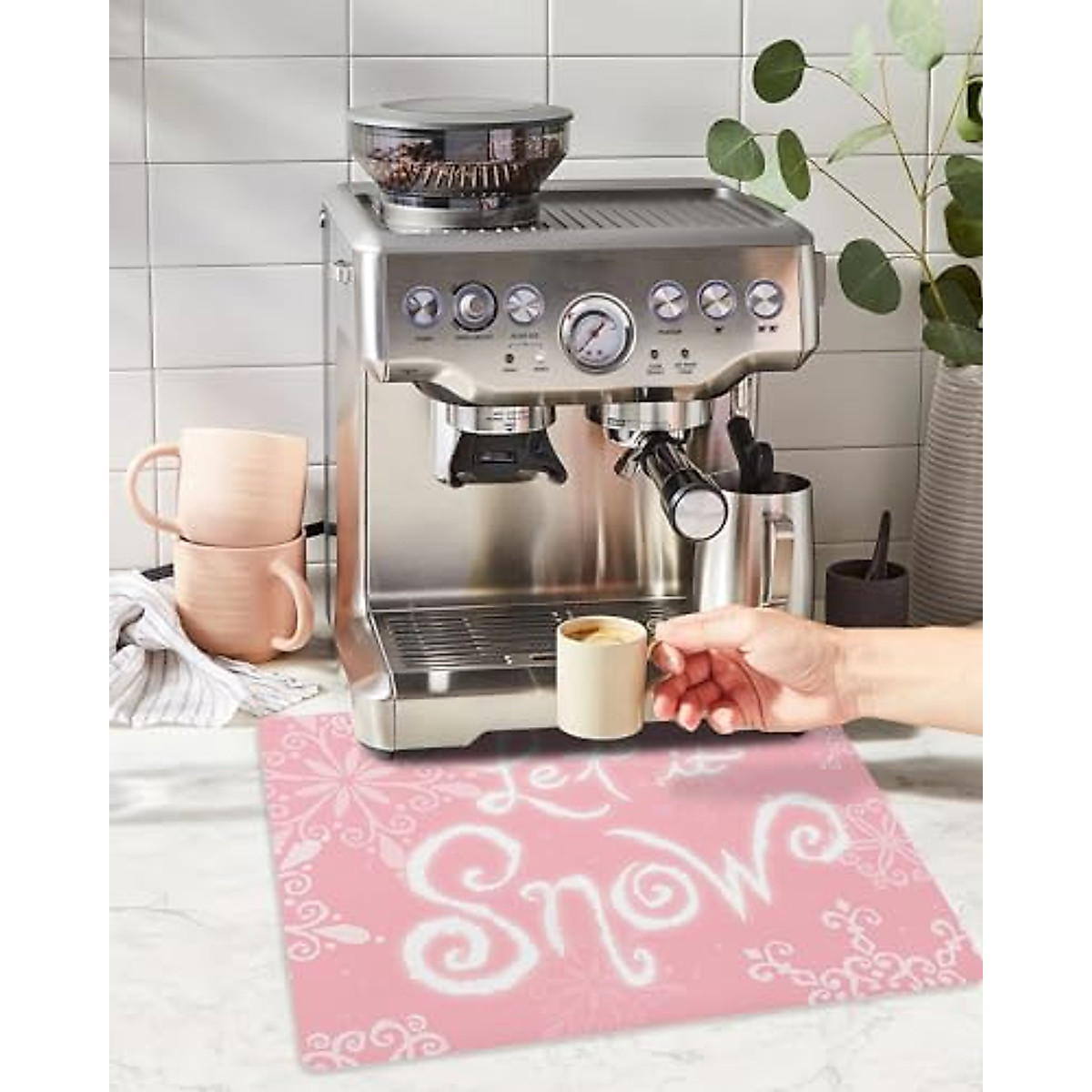 Coffee Mat for Counter, Pink Christmas Snowflakes Absorbent Hide Stain Coffee Bar Mat, Non-slip Coffee Bar Accessories Kitchen Drying Mat Fit Under Coffee Maker Espresso Machine