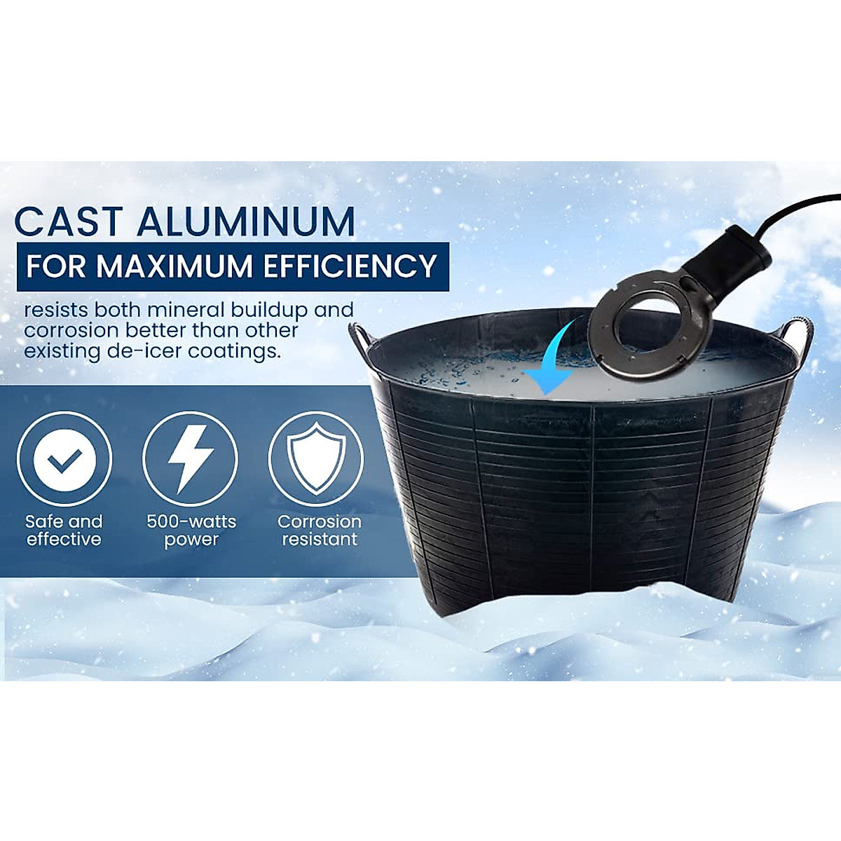 SLASHCOOL Upgraded 500-Watt De-Icer - Submergible Cast Aluminum Utility De-Icer with Black Teflon Coating Film for Better Mineral Buildup and Corrosion Resistance