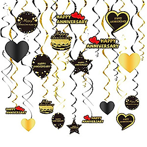 Kauayurk 27Pcs Happy Anniversary Hanging Swirl Decorations - Black Gold Happy Wedding Anniversary Party Swirl Ceiling Backdrop Supplies - Wedding Anniversary Hanging Decor Sign