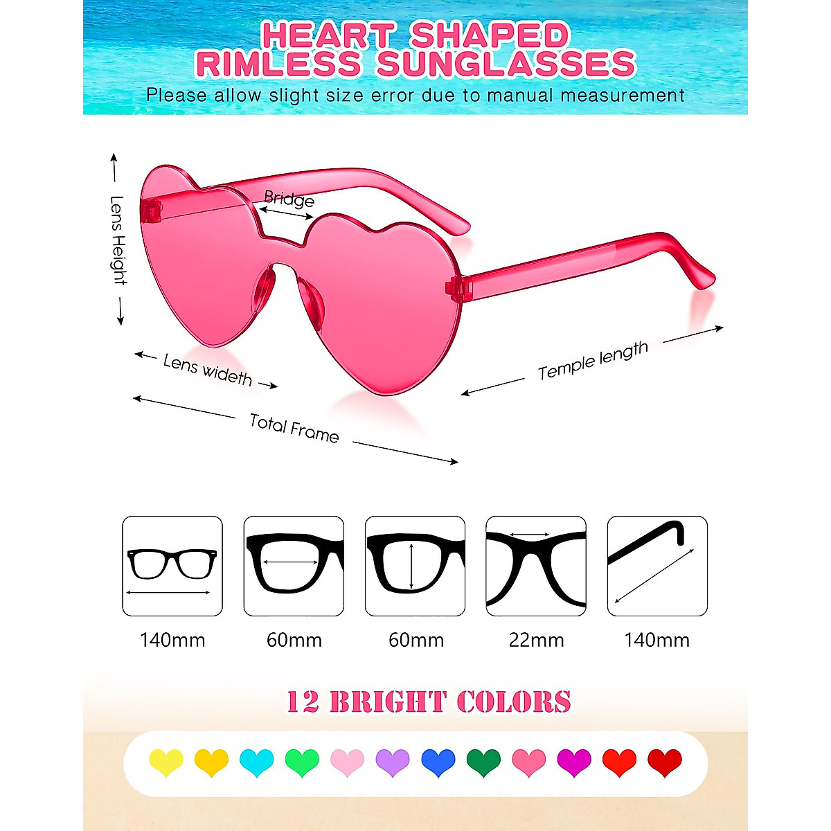 Colzzy 24 Pair Heart Shaped Rimless Sunglasses Transparent Candy Color Frameless Glasses Tinted Eyewear(Bright Colors)