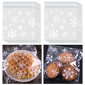 Tatuo 200 Pieces Christmas Cookie Bags Wrappers Snowflake Cellophane Treat Bags Small Holiday Clear Candy Bag Gifts Goodies Bags with Self Adhesive Seal for Gift Giving