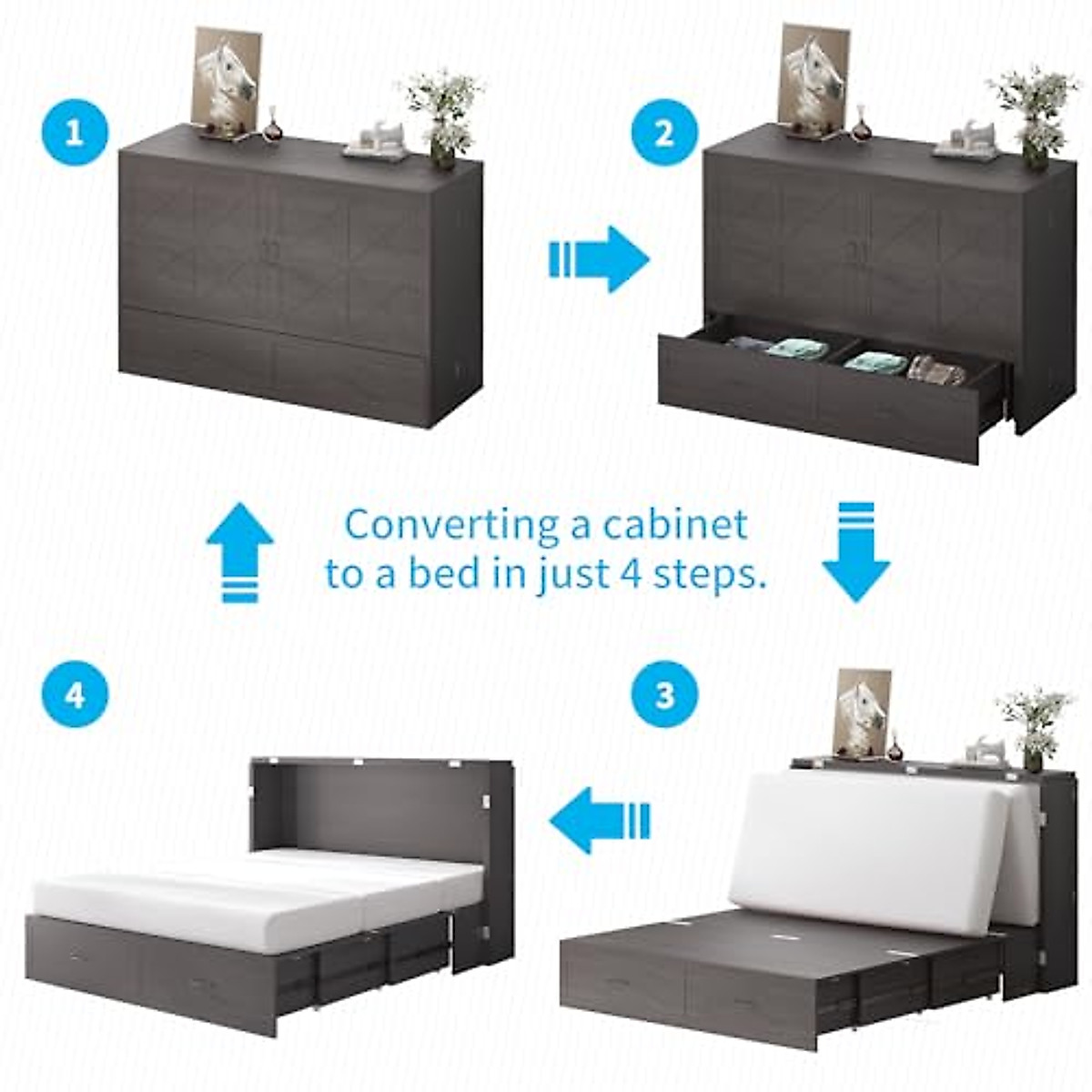 Mjkone Murphy Bed Cabinet Queen with Foldable High Elasticity Mattress, Cube Cabinet Bed with USB Charging Station, Solid Wood Chest Bed for Bedroom Guest Room Office (Gray, Cabinet Bed A)