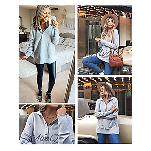 AlvaQ Womens Oversized Half Button Hoodie Sweatshirt Casual Ribbed Long Sleeves Pullover Tunic Top Fashion 2024 Gray Large