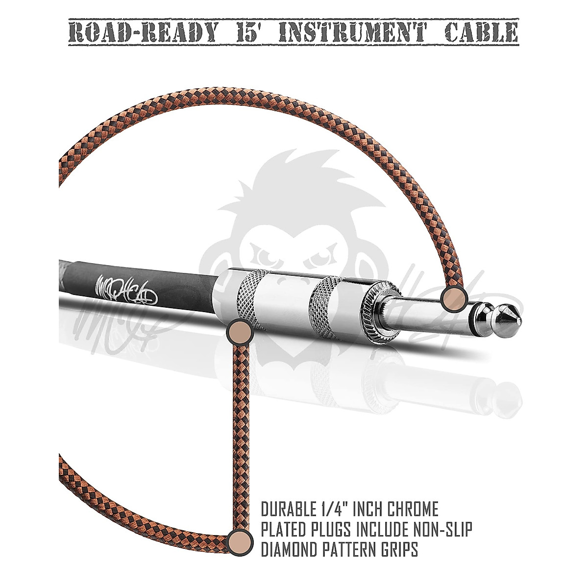 Mophead 15-Foot Guitar Instrument Cable - 1/4 Inch TS to 1/4 Inch TS Pro Grade Double Insulated Tweed Braided for Electric Guitar, Bass, Amp, Keyboard (Brown and Black)