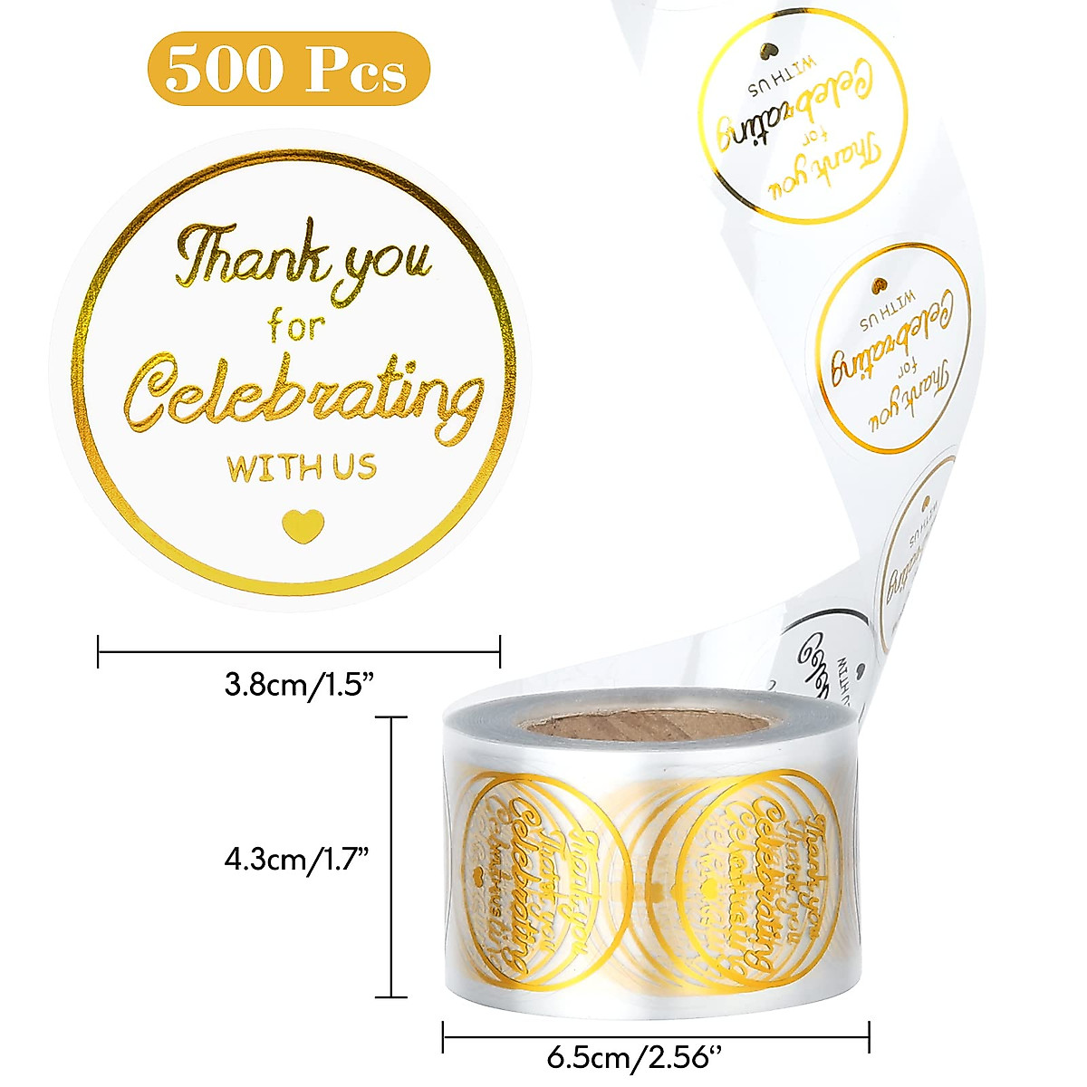 joycraft 500Pcs Thank You Stickers, 1.5 inch Gold Foil Round Clear Stickers, Thank You for Celebrating with Us Stickers, Personalized Gift Stickers for Envelope Seals, Gift Wrapping, Gift Bags