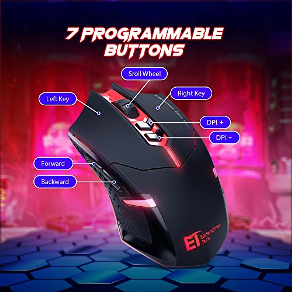 T-DAGGER Wireless Gaming Mouse- USB Cordless PC Accessories Computer Mice with Red LED Backlit, Ergonomic Gamer Laptop Mouse with 7 Silent Buttons, 5 Adjustable DPI Plug & Play for PC