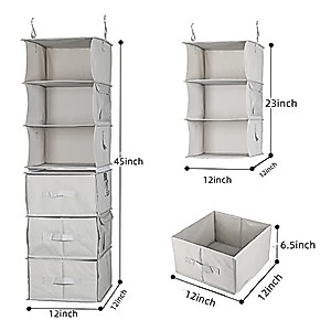 YTYBMW 6 Shelves - Hanging Closet Organizer with 3 Drawers and 4 Side Pockets for Hanging Closet Shelf Storage, Foldable Closet Organizer (Gray)