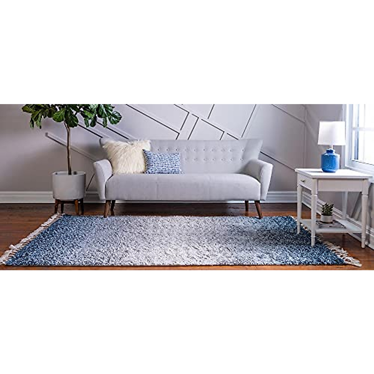 Unique Loom Hygge Shag Collection Modern Moroccan Inspired, Plush & Cozy Area Rug, 4 ft x 6 ft, Blue/Ivory