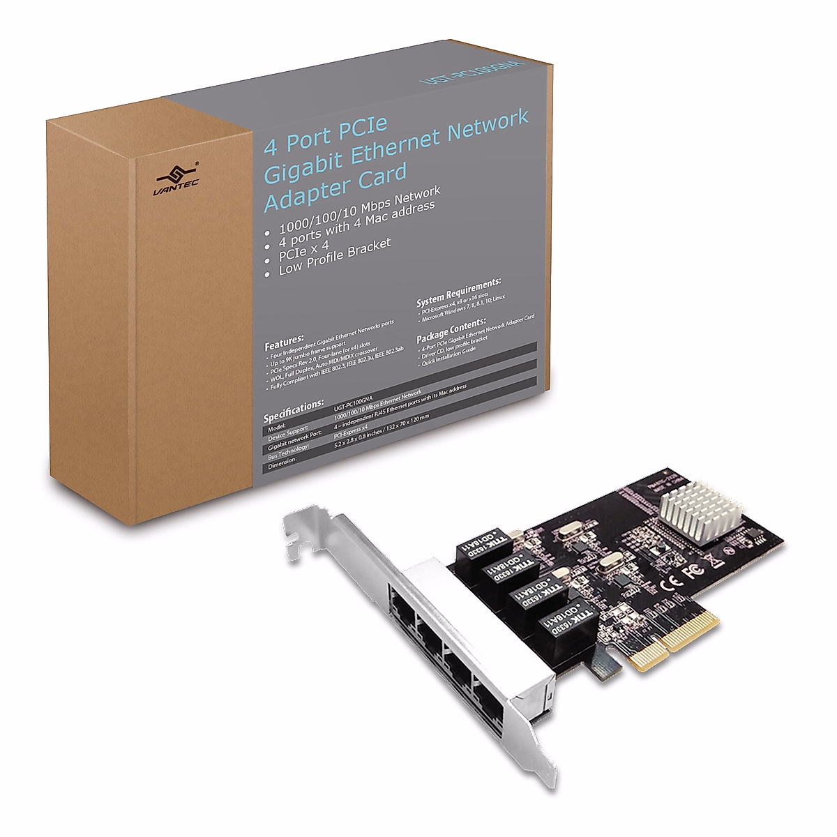 Vantec 4-Port PCIe Gigabit Ethernet Network Card with Low Profile Bracket 9K Jumbo Frame for PCIe x4/x8/x16 Slot Black/Silver (UGT-PC100GNA)