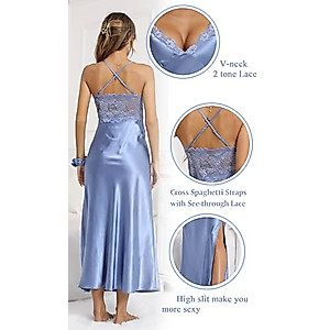 ALCEA ROSEA Womens Sleepwear Lace Lingerie Chemises V Neck Nightgown Sexy Long Sleep Dress Sleeveless Lace for Women Elegant (Midnight Blue, XL)