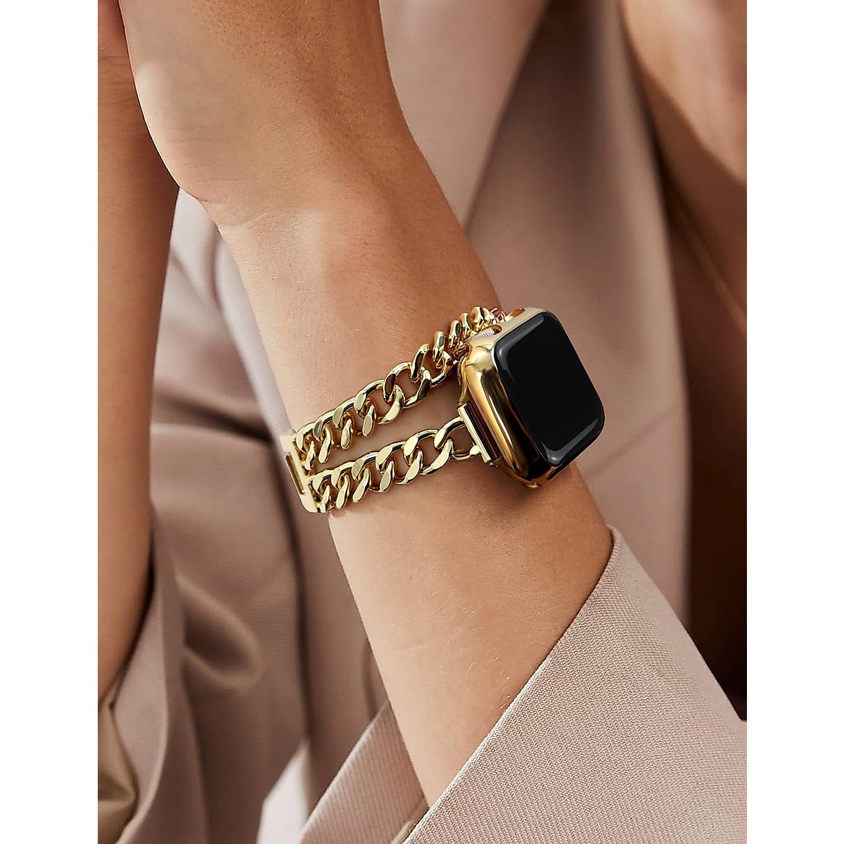 JR.DM Gold Watch Bands for Women Compatible with Apple Watch Band 42mm 44mm 45mm Adjustment Metal Band Cowboy Steel Chain Bracelet for iWatch Series 9/8/7/6/5/4/3/2/1/SE/Ultra (No Case)