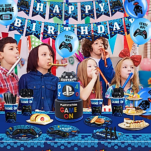 Gamer Birthday Decorations Video Game Birthday Decorations for Boys Game on Birthday Party Supplies Game Plates and Napkins Tablecloth Blue Gaming Party Decorations Men Kids Girls Level Up Party Decor
