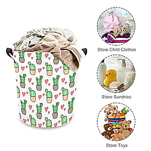 Cartoon Love Cactus Pattern Large Laundry Basket Hamper Bag Washing with Handles for College Dorm Portable