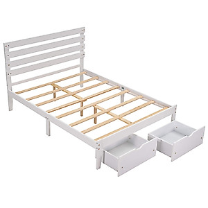 Lepfun Full Bed Frame with Drawers,Wood Full Size Platform Bed Frame with Headboard, Full Storage Bed for Kids Girls Boys, No Box Spring Needed, White