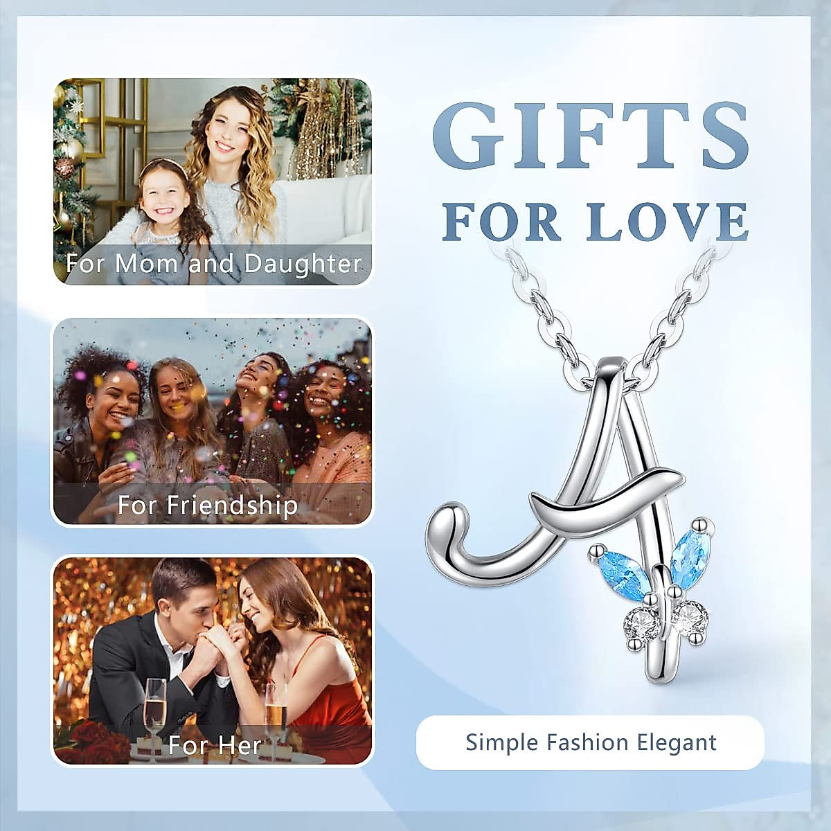 EUDORA Sterling Silver Initial A Necklaces for women Alphabet A Necklace Initial Personalized Letter A Pendant with Blue Cubic Zirconia Butterfly for Mom 18" Chain