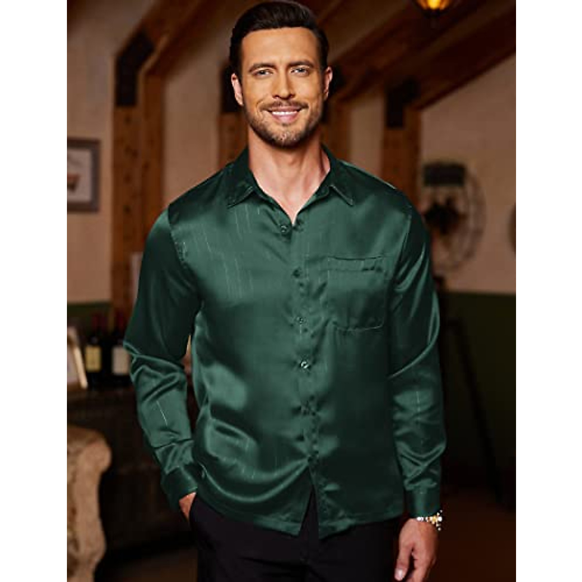 COOFANDY Men's Luxury Dress Shirts Long Sleeve Satin Silk Like Button Down Shirt Party Weddding Prom Army Green, Medium