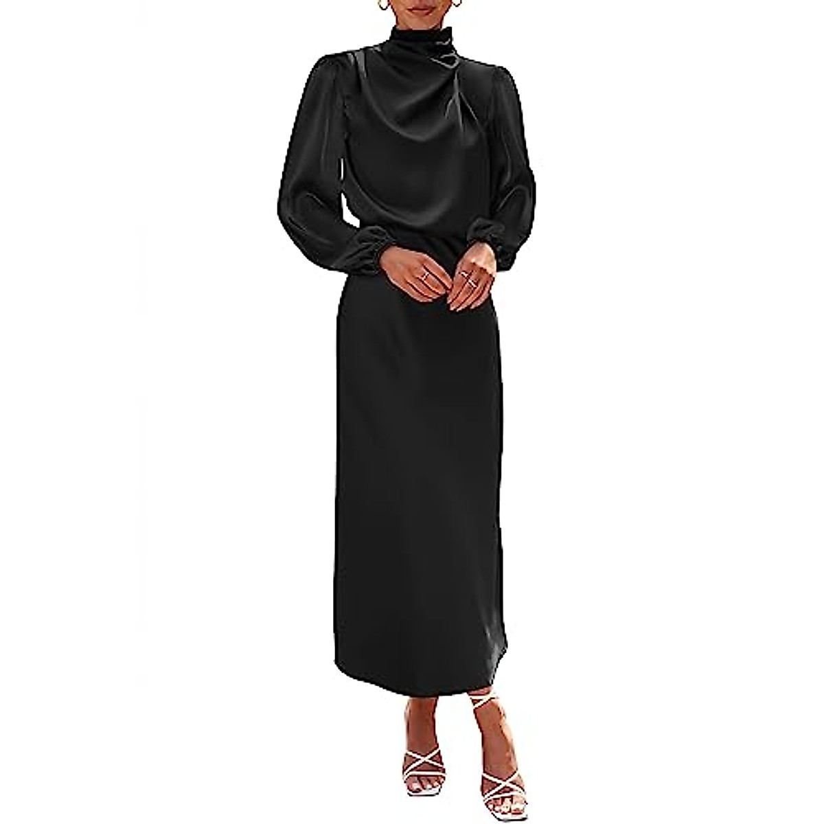 BTFBM Women's Mock Neck Satin Dress Elegant Long Sleeve Elastic High Waist Formal Wedding Cocktail Party Maxi Dresses(Solid Black, Medium)