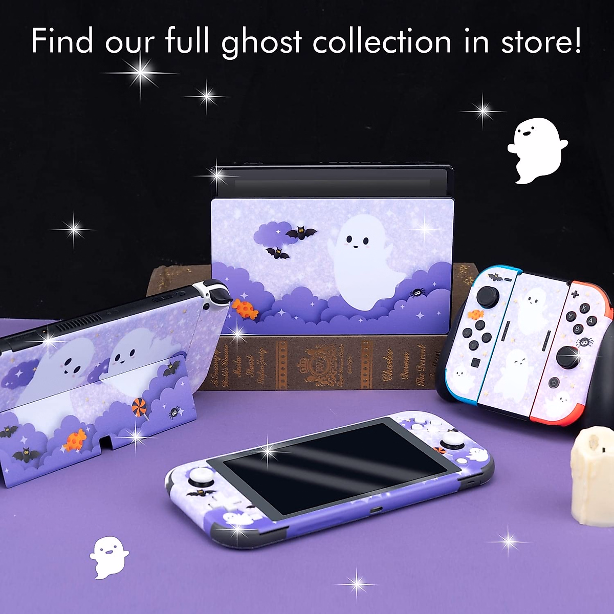 BelugaDesign Ghost Switch Skin | Halloween Spooky Cute Anime Cartoon Pastel Sticker Wrap Vinyl Decal | Kawaii Gothic Kids Girls Japanese l Compatible with Nintendo Switch (Switch Lite, Purple)