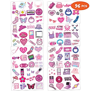 Y2K 2000 Temporary Tattoos for Teen Girls | 96PCS Birthday Party Decorations Supplies Party Favors 00s Pink Cute Gifts Classroom School Prizes Themed Christmas Tattoos Sticker