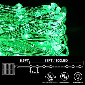 kemooie 2 Packs Solar String Lights, 100 LED 33FT 8 Twinkle Modes Green Solar Powered Fairy Lights, Waterproof for Outdoor, Tree, Garden, Christmas Decorations (Green)