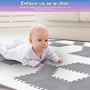 Red Suricata Playspot Foam Hexamat – Geo Interlocking Baby Play Mat - Baby Playmat for Kids, Infants & Toddlers – 79” x 60” or 74” x 63” Rubber Foam Floor Puzzle Mats Tiles (Ghost White/Grey