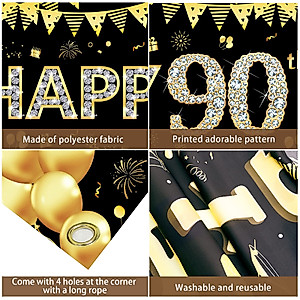 90th Birthday Banner Decorations for Women Men, Black Gold Happy 90 Year Old Birthday Sign Party Supplies, Ninety Birthday Photo Booth Props Decor(9.8 X 1.6ft)