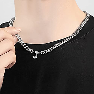 RUOOUY Initial A-Z Letter Necklace for Men Stainless Steel Cuban Link Chain 18+2 Inch Personalized Letter Charm Pendant Jewelry Gift for Boys Women（Silver-J）