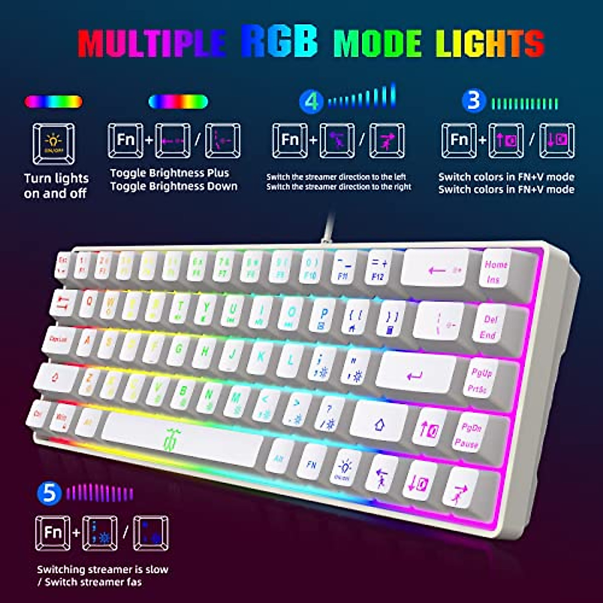 Snpurdiri 60% Percent Gaming Keyboard, Ergonomic Small Mini Gaming Keyboard, Compact RGB Backlit Keyboard for Windows, PC, Laptop, Gaming (68 Keys, White)