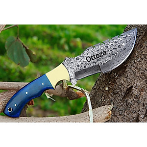 Ottoza Tracker Knife & Bone Handle - Damascus Hunting Knife - Horizontal Carry Knife Sheath 198