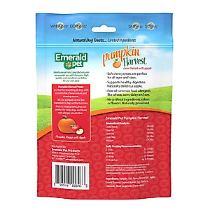 Emerald Pet Pumpkin Harvest Pumpkin Dog Treats — Low-Fat Chewy Natural Dog Treats with Pumpkin for Digestive Health — Meat Free, Poultry Free, Wheat Free Dog Treats — Apple, 6 oz