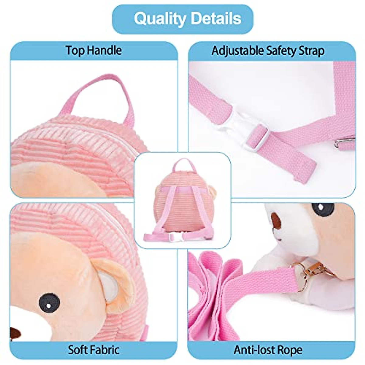 Baby Safety Backpack with Anti-Lost Leash,PHEENOWL Toddler Harness Mini Cute 3D Cartoon Animal Travel Bag with Safety Tether,Kids Backpacks with Safety Harness Reins for Child Boys Girls (Pink Bear)