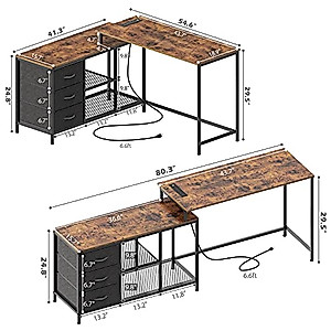 SUPERJARE L Shaped Desk with Power Outlets, Computer Desk with Drawers & Shelves, Corner Desk Gaming Desk Home Office Desk, Rustic Brown