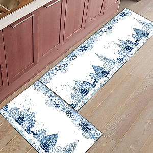 Christmas Winter Kitchen Rugs and Mats Set of 2 New Year Abstract Snowflake Elk Blue Xmas Kitchen Mat,Non-Slip Area Runner Rug,Washable Floor Mat for Home Dining Room Office 16x24in+16x47in