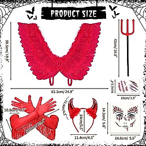 MOVINPE Red Devil Halloween Costume Accessories Set, Infernal Feather Wings Devil Horns Headband Trident Self Adhesive Face Gems Jewels Wound Tattoos for Girls Woman Cosplay Party