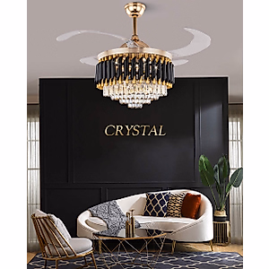 Fandian 42" Crystal Ceiling Fan with Light Remote Control Chandelier Retractable Fandelier, Luxury 3 Color Lighting for Dining Room, Living Room