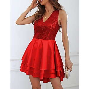 Lrady Women's Sequin Glitter V Neck Skater Mini Club Cocktail Party Swing Dress, Red, Medium
