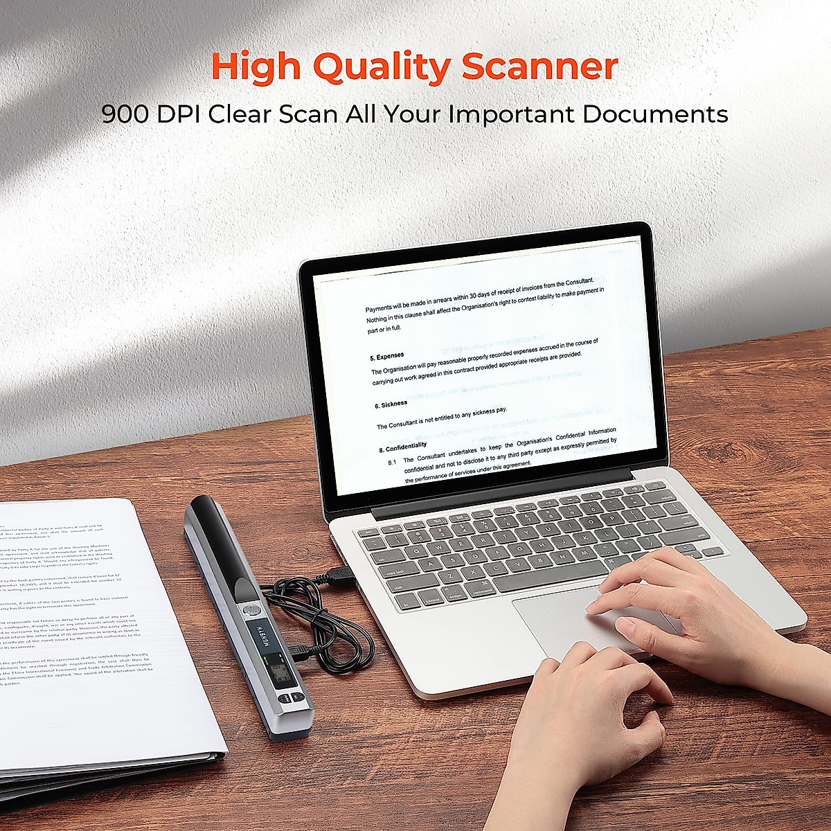 MUNBYN Portable Scanner, Photo Scanner for A4 Documents Pictures Pages Texts in 900 DPI, Flat Scanning, Include 16G SD Card, Wand Document Reader Uploads Images to Computer Via USB Cable, No Driver