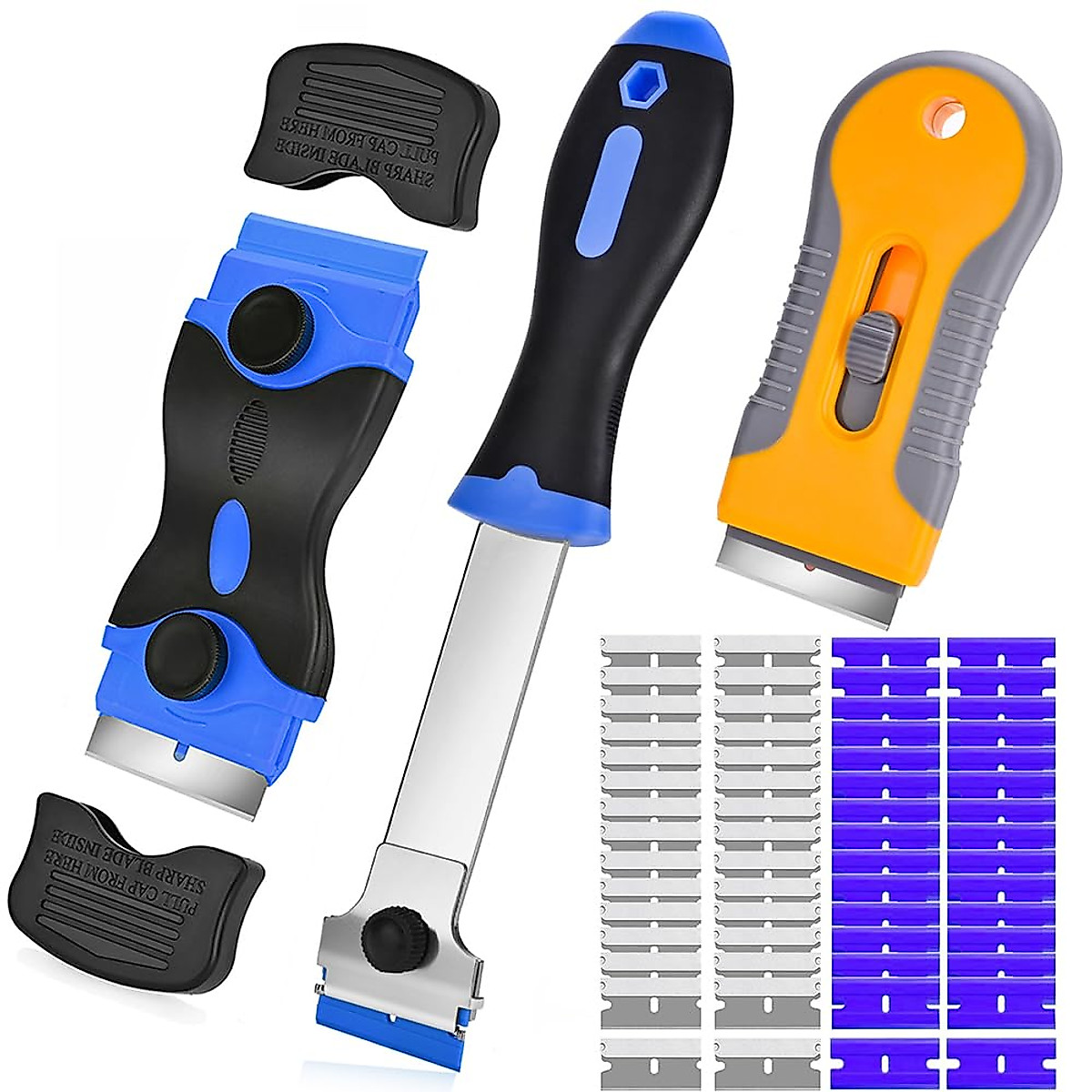 Razor Blade Scraper, 3 Pack Shrink Scraper Tool with 50 Plastic and 30 Metal Razor Blades, Cleaning Scraper, for Removing Label, Registration Sticker, Tint, Grease from Windshield, Appliance, Glass