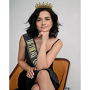 GAFATORY Black Gold Birthday Queen Crown and Sash for Women Princess Tiara and Sash for Girls