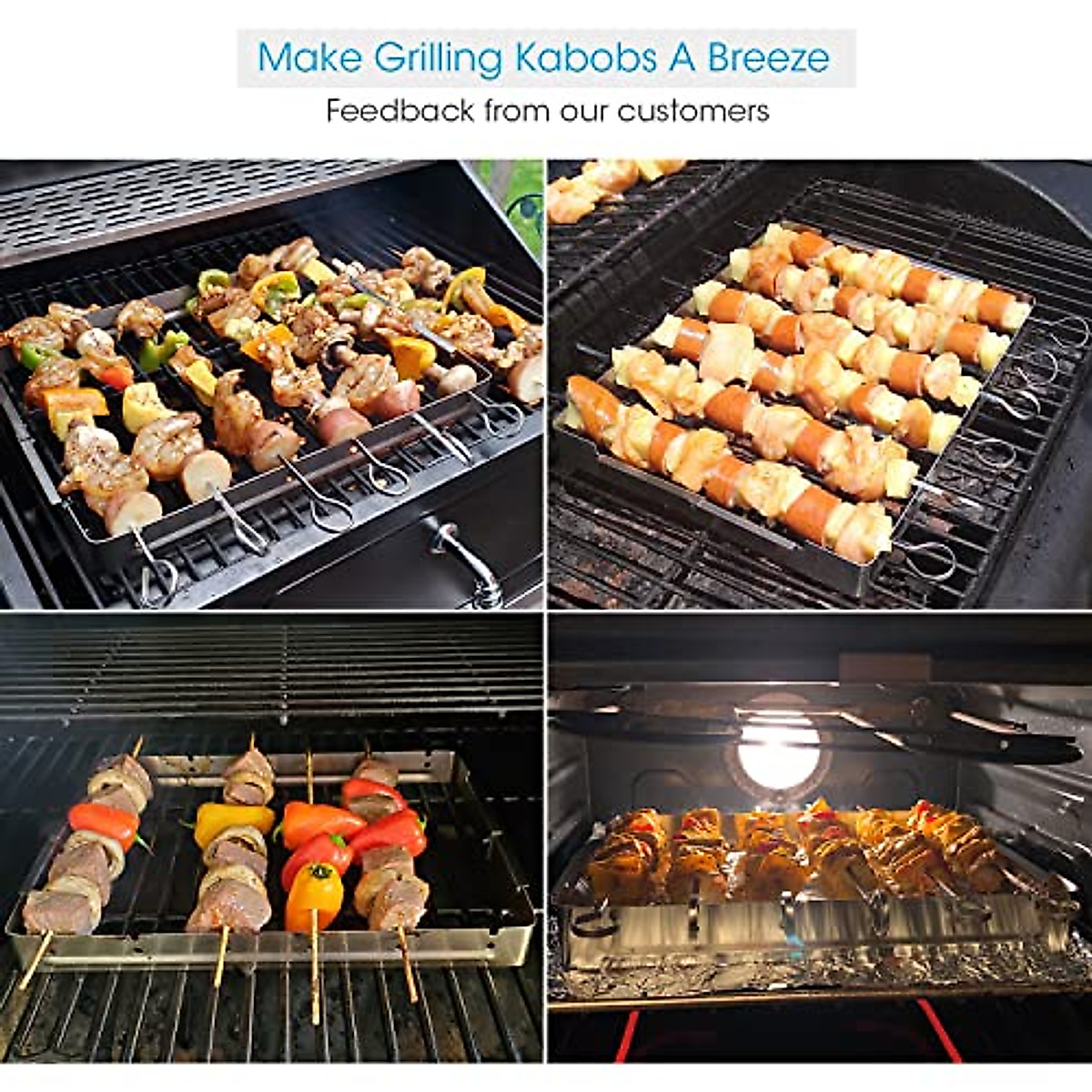 Unicook Upgraded Stainless Steel Barbecue Skewer Shish Kabob Set, 6pcs 13.5"L Skewer Sticks with Foldable Large Grill Rack, Keeps Kabobs from Sticking to the Grill Grate, 50pcs Bamboo Skewers as Bonus