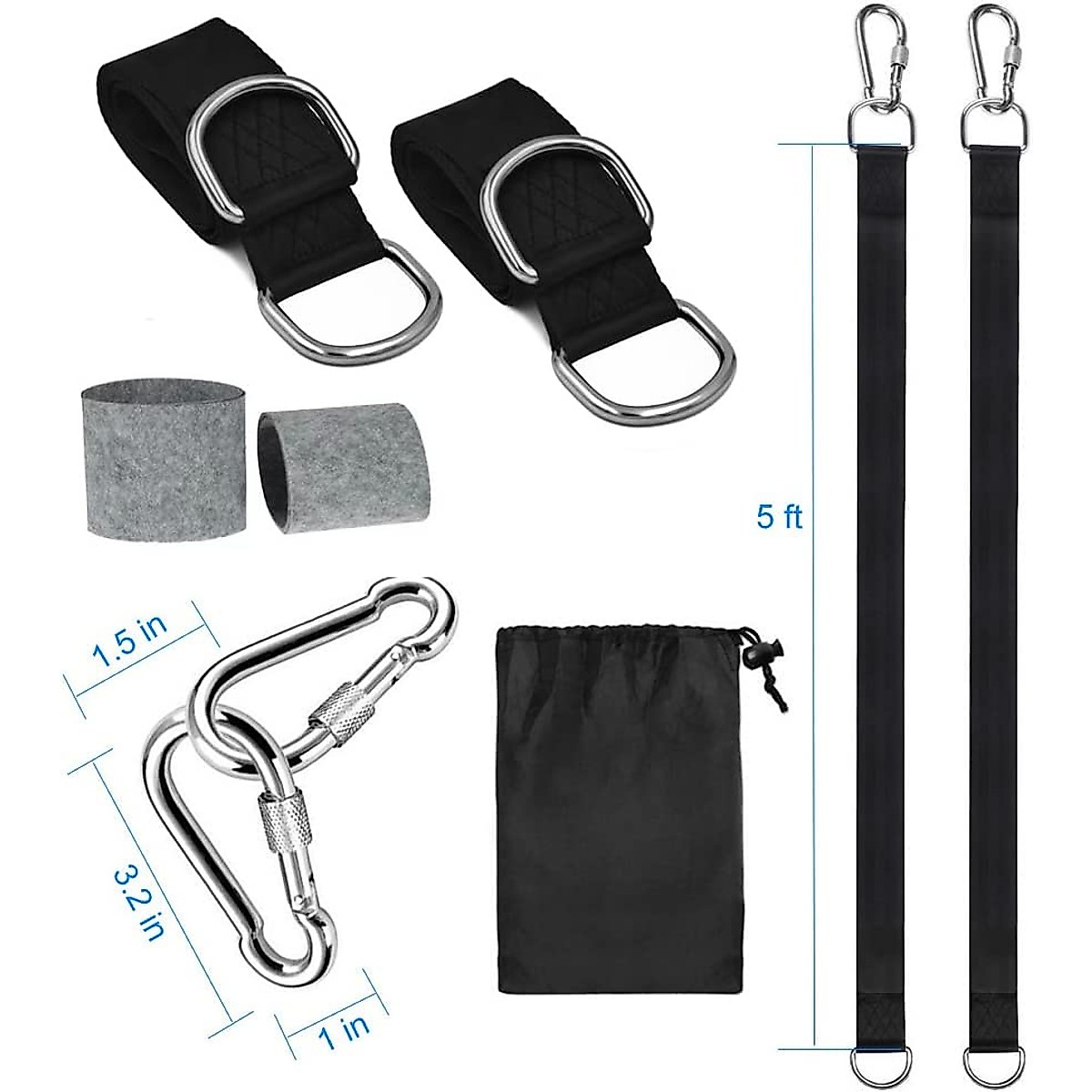Anti-Broke Tree Swing Hanging Straps Kit Holds 2000 lbs Heavy Duty 5FT Extra Long, 2 PCS Tree Swing Straps Waterproof Straps/ 2 Safer Lock Carabiners/ 1 Bag, for Hammock, Camping, Easy Installation