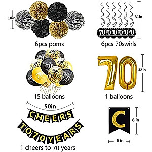 Trgowaul 70th Birthday Party Decorations Kit- Gold Glittery Cheers to 70 Years Banner, Pom Poms, 6Pcs Sparkling 70 Hanging Swirl, 1 Gold Number Balloon and 15 Confetti Balloons 70 Birthday Decoration