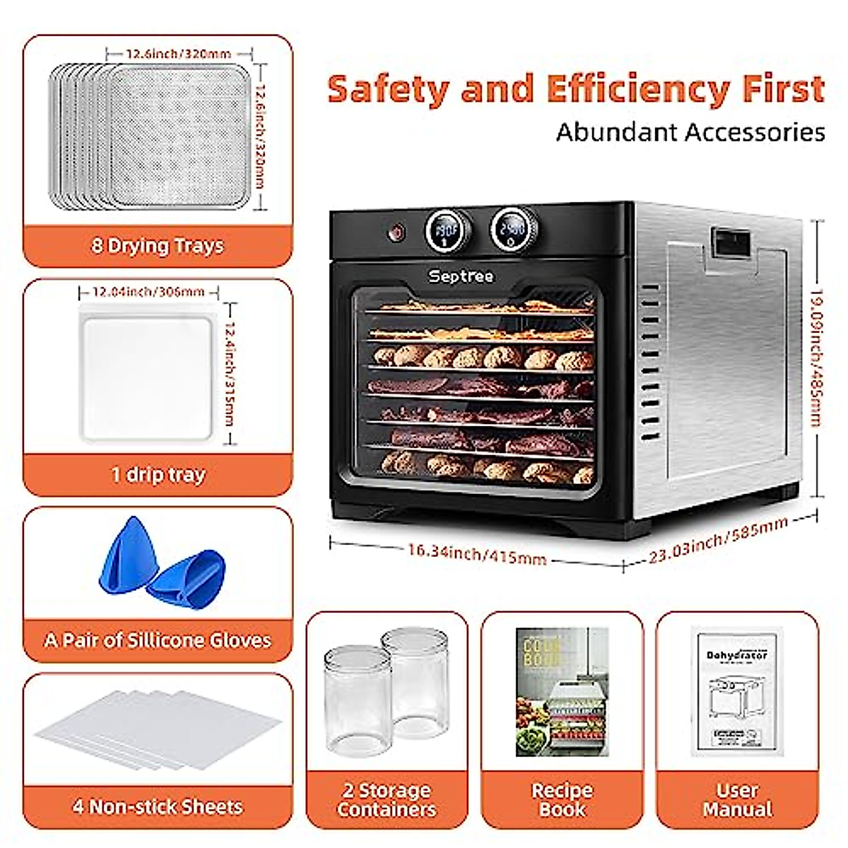 Septree 2023 Upgraded Food Dehydrator for Jerky, Large Drying Space with 8.8ft², 800W Dehydrated Dryer Machine, 8 Stainless Steel Trays, Timer Control, 190°F Temperature Control, for Herbs, Meat, Fruit, and Yogurt