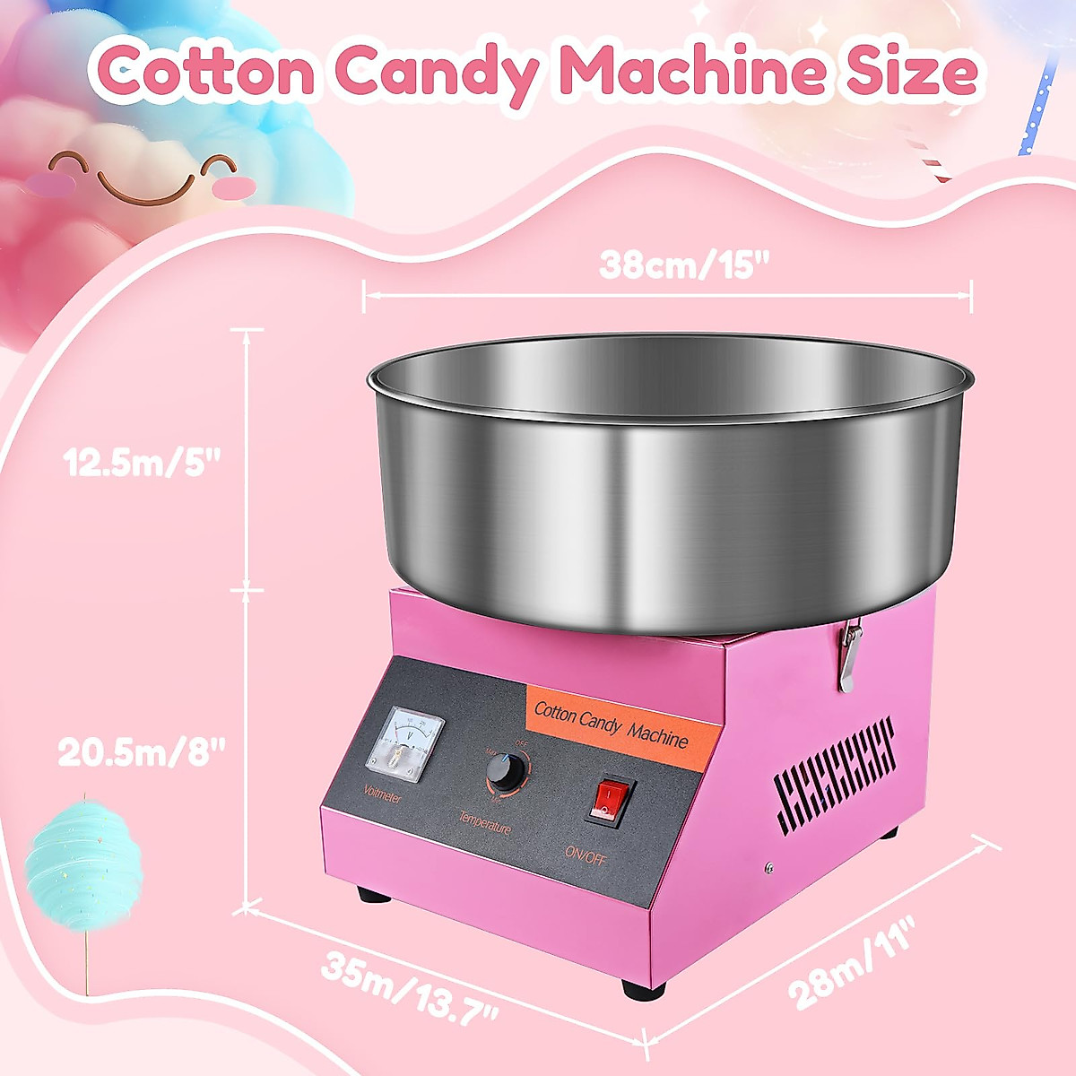 Cotton Candy Machine Commercial, 1000W Efficiently Cotton Candy Maker Machine with Stainless Steel Bowl, Sugar Scoop, Easy & Safe to Use, Candy Floss Maker for Kids, Home, Party, Birthday, Festival