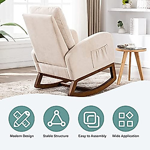 jeerbly Nursery Rocking Chair,Upholstered Fabric Accent Armchair,Wooden Padded Seat with 2-Side Pocket,Nursing Chair with Rubber Wood Legs,Glider Chair for Nursery,Living Room,Home Office (Beige)