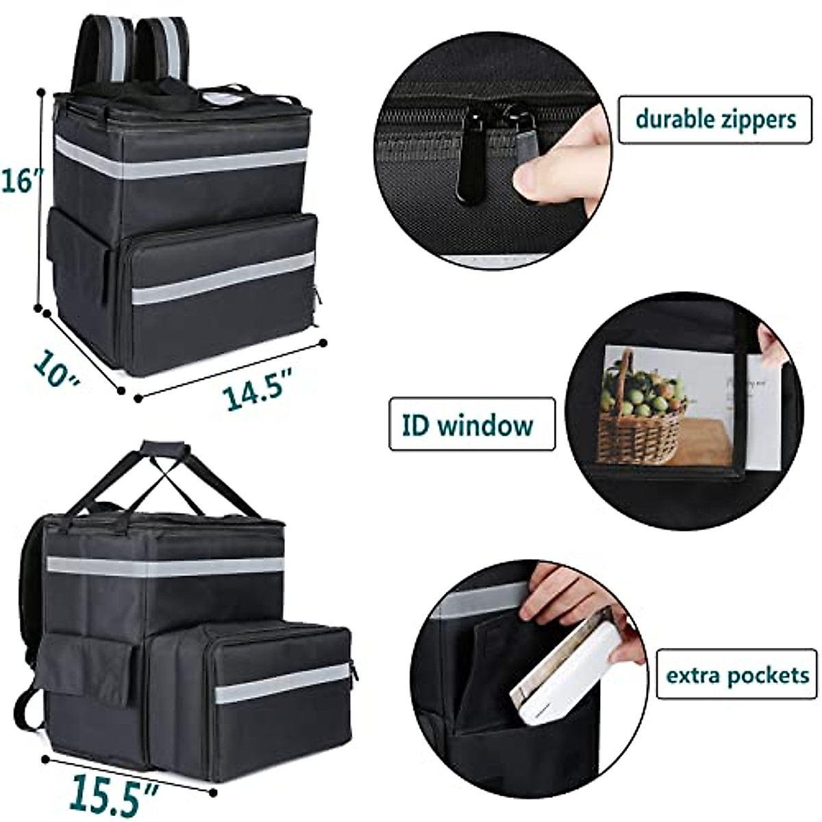 Insulated Pizza Delivery Bag, Food Delivery Backpack, Thermal Backpack for Food Transport,Leak-Proof Soft Sided Cooler Grocery Backpack for Take Out (Black)