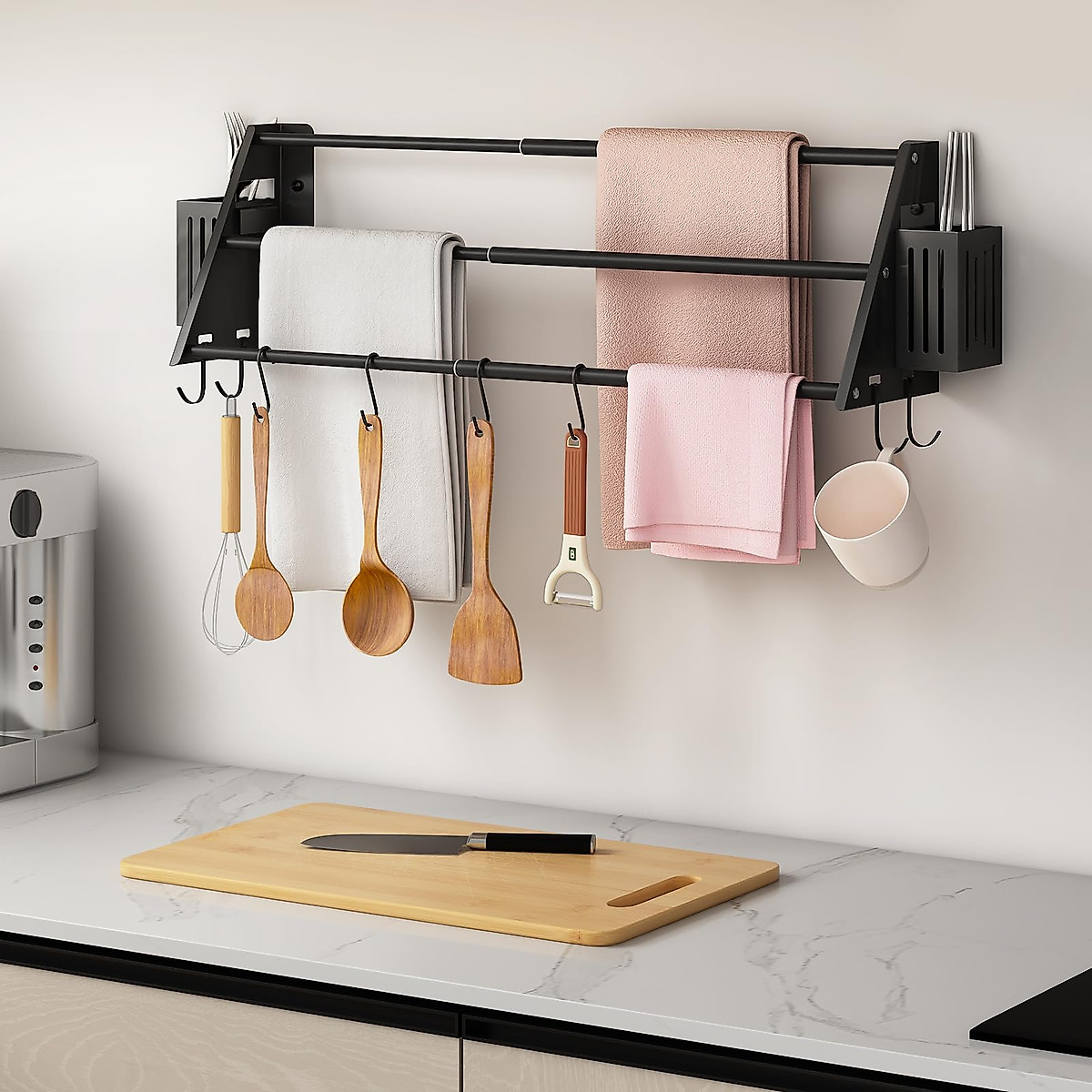 Towel Bar for Bathroom Wall,Stretchable 16.1-29.5 inchs Towel Rack,Metal Towel Holder with 2 Storage Basket and 9 Hooks, Black Towel Hanger for Bathroom Kitchen Camper