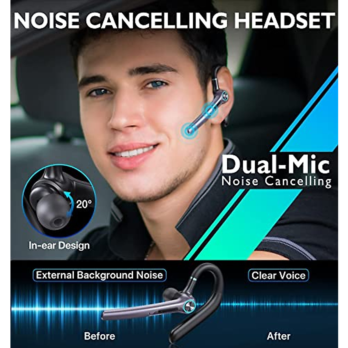 Eumspo Headset Wireless Earpiece 60Hrs Playback Built-in Dual Mic Noise Canceling Wireless Headset Earphone with 400mAh LED Charging Case for Business Office Trucker, Black