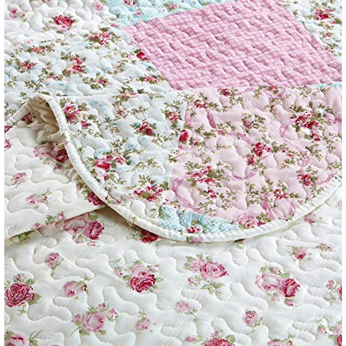 Brilliant Sunshine Pink and Green Rose Patchwork, 2-Piece Quilt Set with 1 Sham, Reversible Bedspread, Soft Lightweight Coverlet, All-Season, Twin, Pink Green