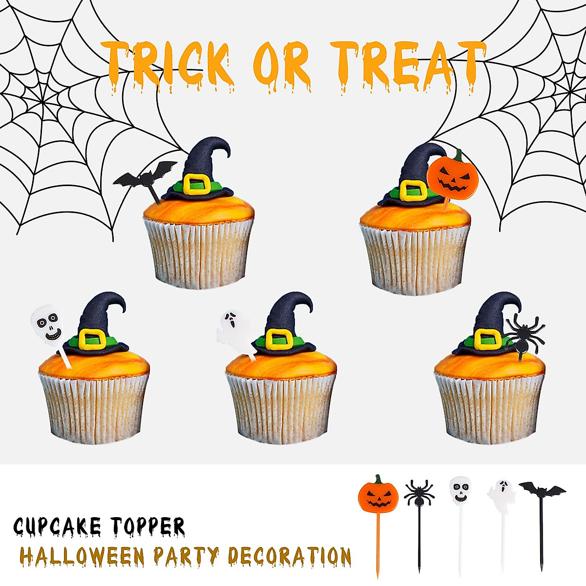 CCINEE 80pcs Plastic Halloween Picks, Halloween Cupcake Topper Picks Food Picks Ghost Pumpkin Spiders Bats Skull Cupcake Toppers for Kids Birthday Party Themed Party
